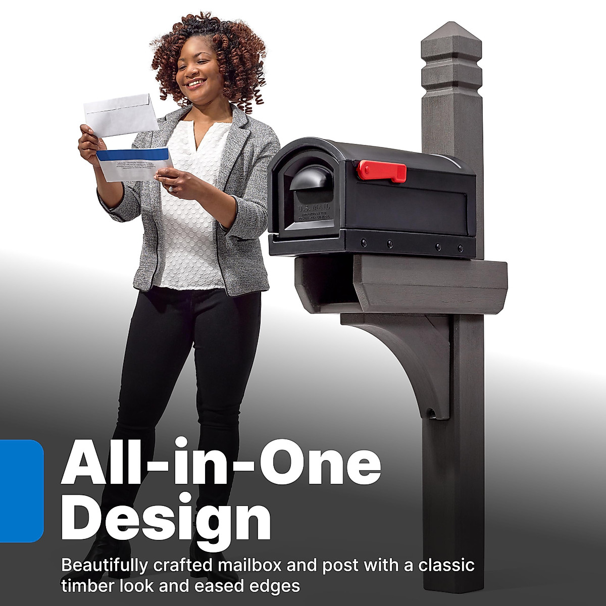 Step2 Lakewood Mailbox & Post, Weather Resistant, Large Outdoor Mailboxes, Made of Durable Plastic, Easy to Install, Flag Included, Black/Brown