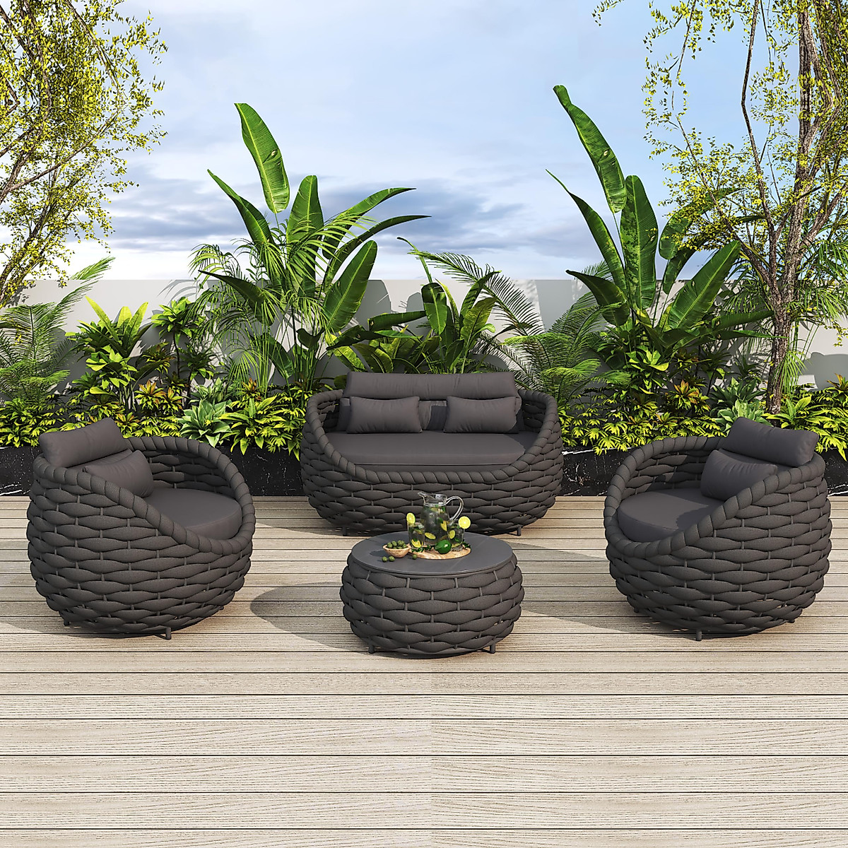 Vmopu Patio Sofa Set for Outdoor and Indoor Use All-Weather Textilene 4 Pieces Conversation Set, Sectional Sofa and Coffee Table Aluminum Frame Garden Furniture, Dark Gray