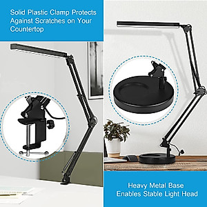 TROPICALTREE LED Desk Lamp with Clamp and Round Base,Eye Caring Table Lamp with Swing Arm,3 Color Modes 10 Brightness Levels,Memory Function, Desk Light for Home Office with USB Adapter Black-14W