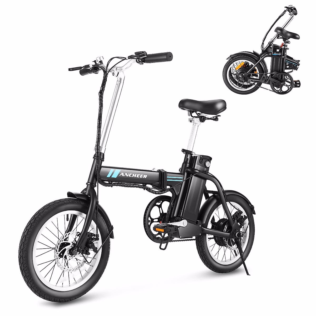 ANCHEER 16 inch Folding Electric Bike for Adults - Single Speed up to 15.5 Mph eBike with Removable Battery Mileage 30 Miles, Dual Disc Braking, 3 Riding Modes (Black)