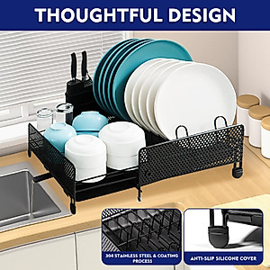 Extendable Dish Drying Rack for Kitchen Counter, Premium Stainless Steel Dish Dyer Rack, Multifunctional Black Dish Rack for Cookware, Bowl
