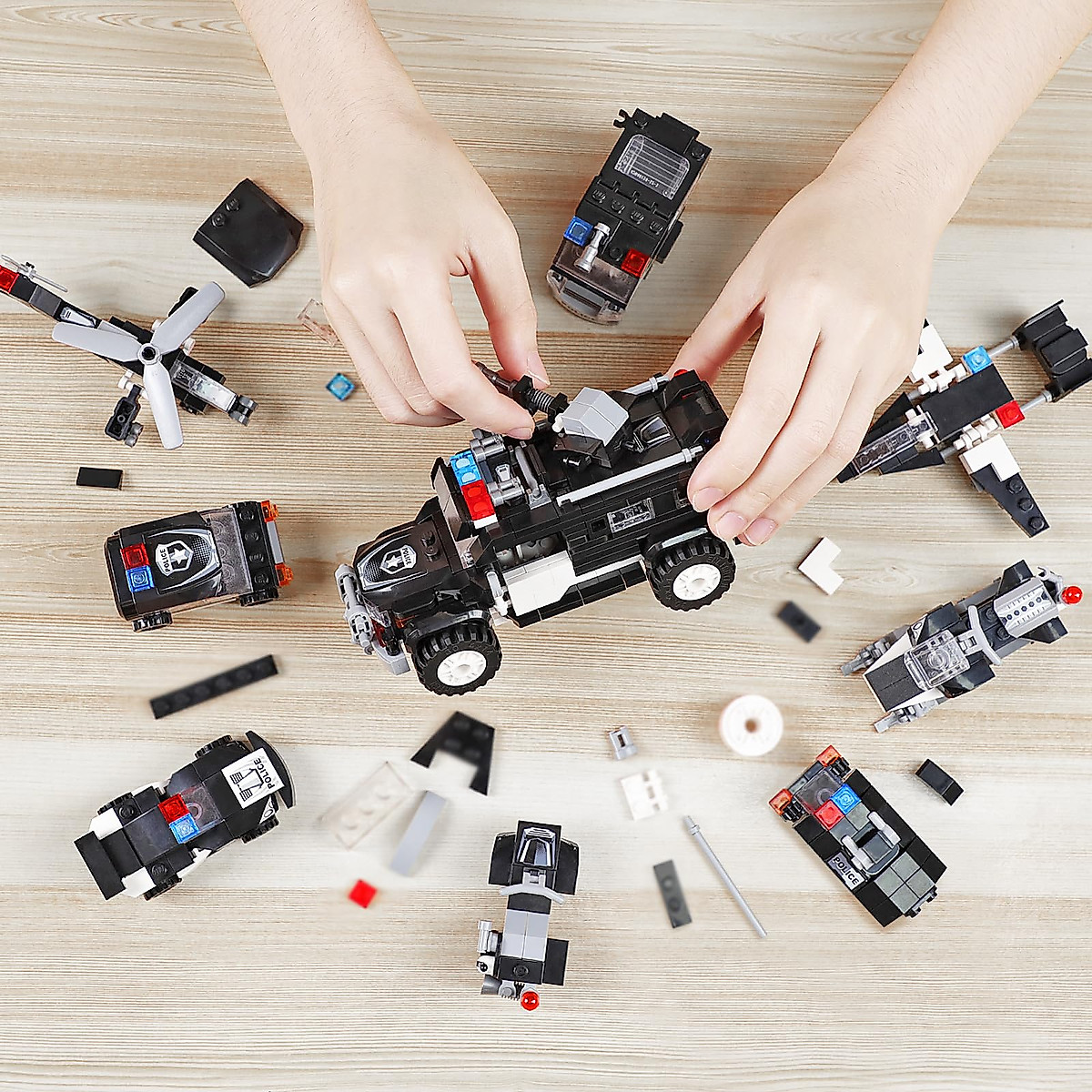 INRATELL City Police SWAT Building Block Set - 8 + 1 Black Armored SWAT Vehicles with Cop Cars, Helicopter, Motorbike, Best Roleplay STEM Toy Best Gift for Boys Kids Age 6-12