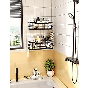 SWTYMIKI Natural Bamboo Shower Caddy Organizer, 2 Pack Shower Shelf with 12 Hooks,Rustproof & Waterproof Shower Rack,Stainless Steel No Drilling Bathroom Shower Organizer for Bathroom,Kitchen - Black