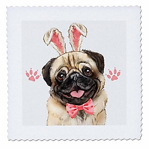 3dRose A Pug Dog Lovers Easter with a Cute Pup in a Pink Bow and... - Quilt Squares (qs-378964-8)
