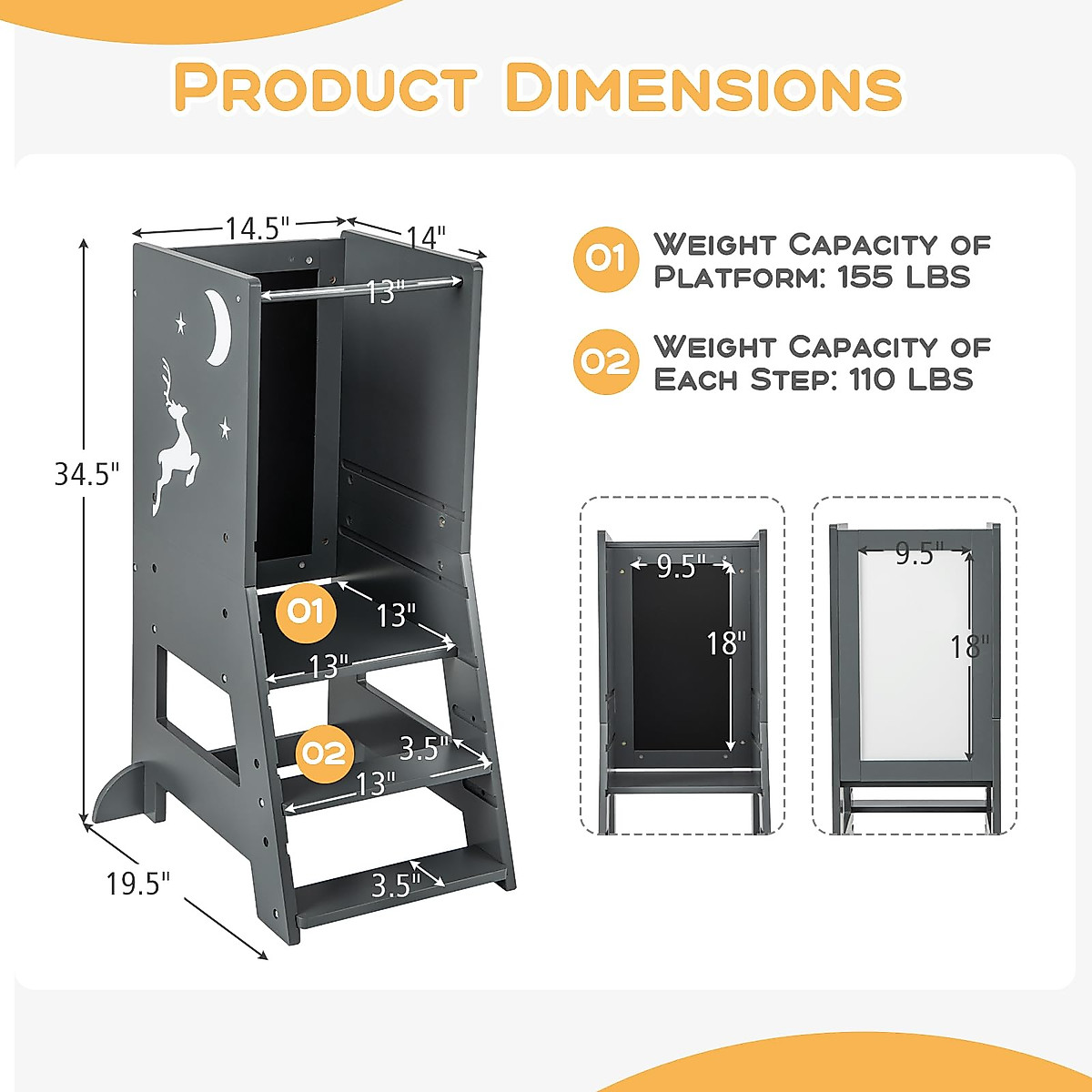 Costzon Toddler Tower, Wooden Kids Kitchen Stool Helper with Height Adjustable Platform, Safety Rail, Whiteboard & Chalkboard, Toddler Step Stool, Standing Tower for Kitchen Counter, Bathroom, Grey