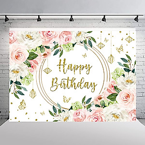 Wollmix Happy Birthday Banner Backdrop Decorations 7x5ft Party Sweet 16 Girls Women Pink Florals Butterfly Gold Dots Photography Background Supplies Photo Booth Studio Cake Table