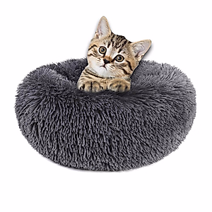 otoez Kitten Puppy Anti-Anxiety Plush Pet Calming Donut Bed With Non-Slip Waterproof Bottom, Washable Small Round Dog Cat Bed (19.7", Dark Grey)