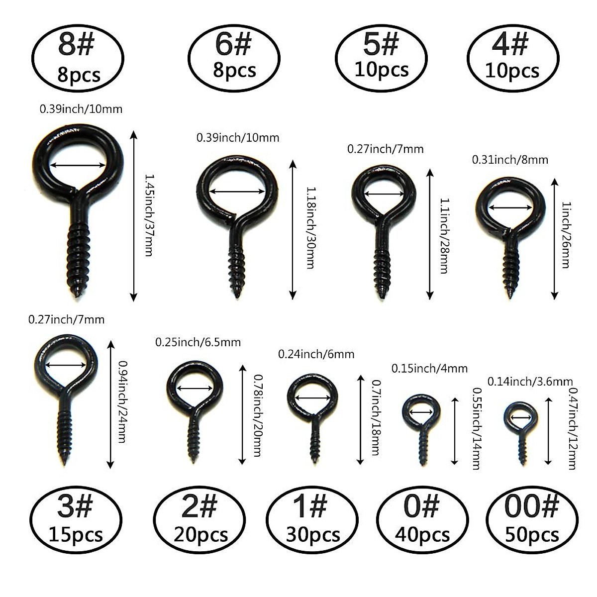 ECKJ 191pcs Screw Eyes Zinc Plated Metal Eye Hook Screw Self Tapping Screws Includes 9 Sizes Color Black