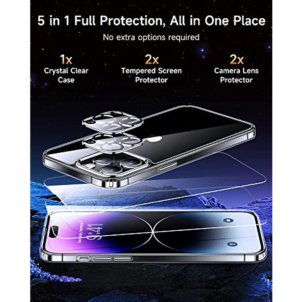 Humixx Crystal Clear Designed for iPhone 14 Pro Max Case, with 2X Screen Protector + 2X Lens Protector [Not-Yellowing][Full Body Protection] Shockproof Protective iPhone 14 Pro Max Phone Case 6.7 Inch
