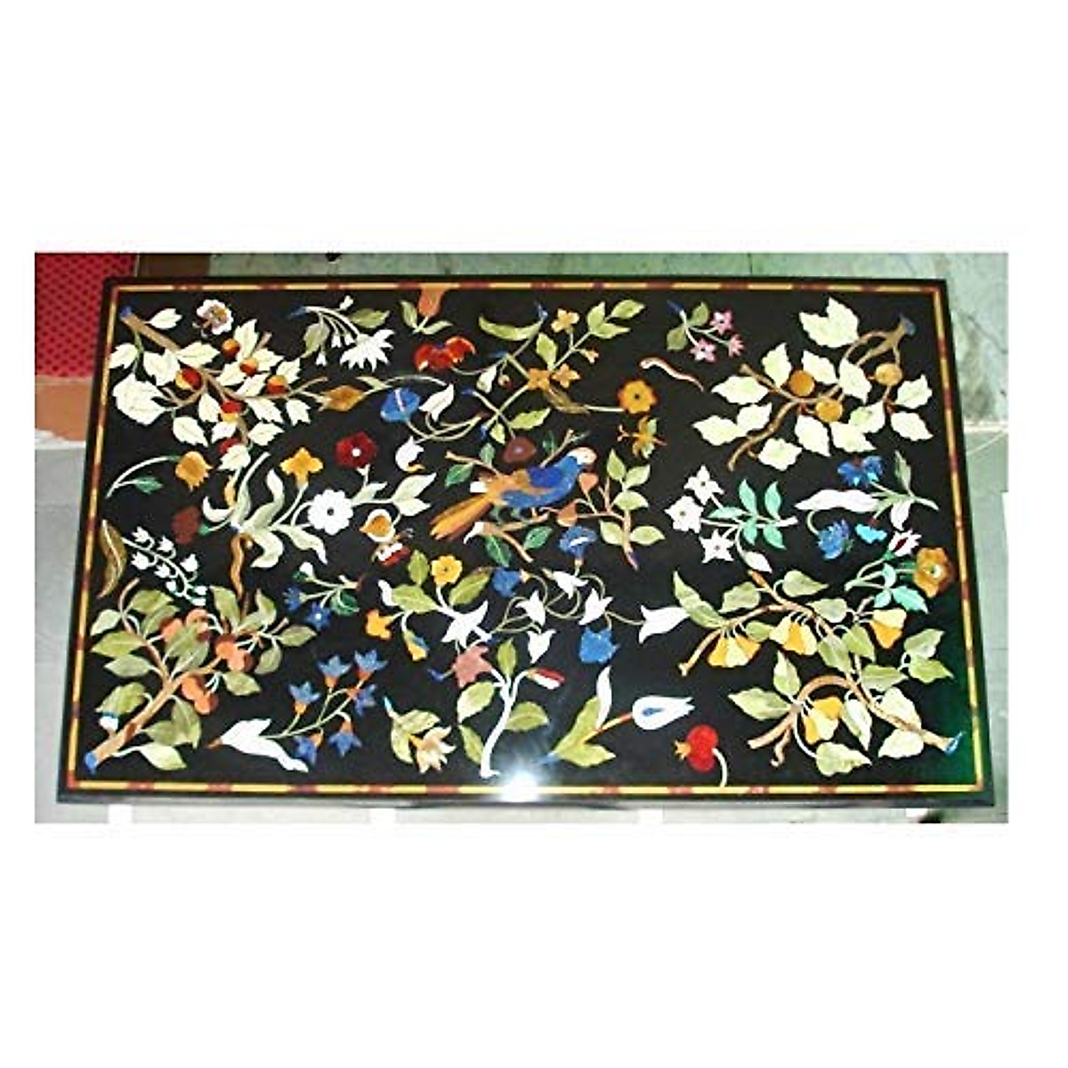 Pietra Dura Black Marble Rectangular 48" x 30" Inch Dining Table Top, Bird Inlay Fruit Inlay and Flowers Inlay Design Outdoor Decor, Indoor Decor Table Top, Piece Of Conversation, Family HeirLoom