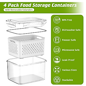 HILETY 4 PCS Fruit Storage Containers for Fridge with Removable Colander, Dishwasher Safe Produce Saver Container for Refrigerator,Airtight Food Storage Container