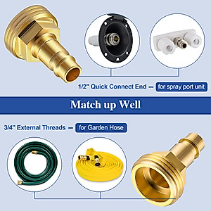 Dreyoo Quick Connector Hose Adapter Replacement for PF247007, 1/2" Quick Connector for 3/4" Garden Hose RV Spray Port Outlet and Spray Away, Quick Connectors Adapter with PTFE Tape, Brass(2 Pcs)