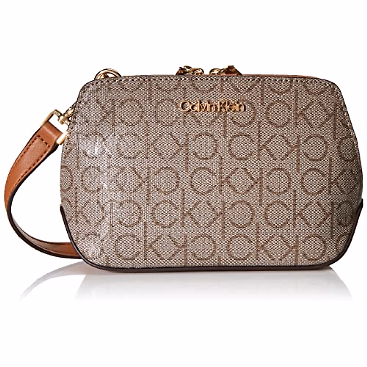 Calvin Klein Lucy Triple Compartment Crossbody, Almond/Taupe/Caramel Embossed