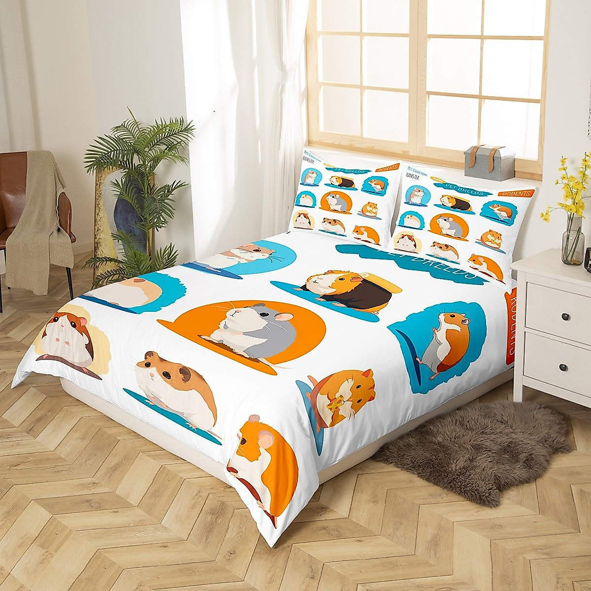 Feelyou Cute Hamster Bedding Set for Girls Boys Children Cartoon Pet Animal Comforter Cover Decorative Lovely Rodent Duvet Cover Pet Mouse Pattern Bedspread Cover Twin Size 2Pcs Bedclothes