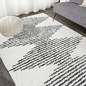 JONATHAN Y MOH408A-8 Elm Diamond Stripe Geometric Shag Indoor Area-Rug Bohemian Contemporary Glam Easy-Cleaning Bedroom Kitchen Living Room Non Shedding, 8 X 10, White/Black