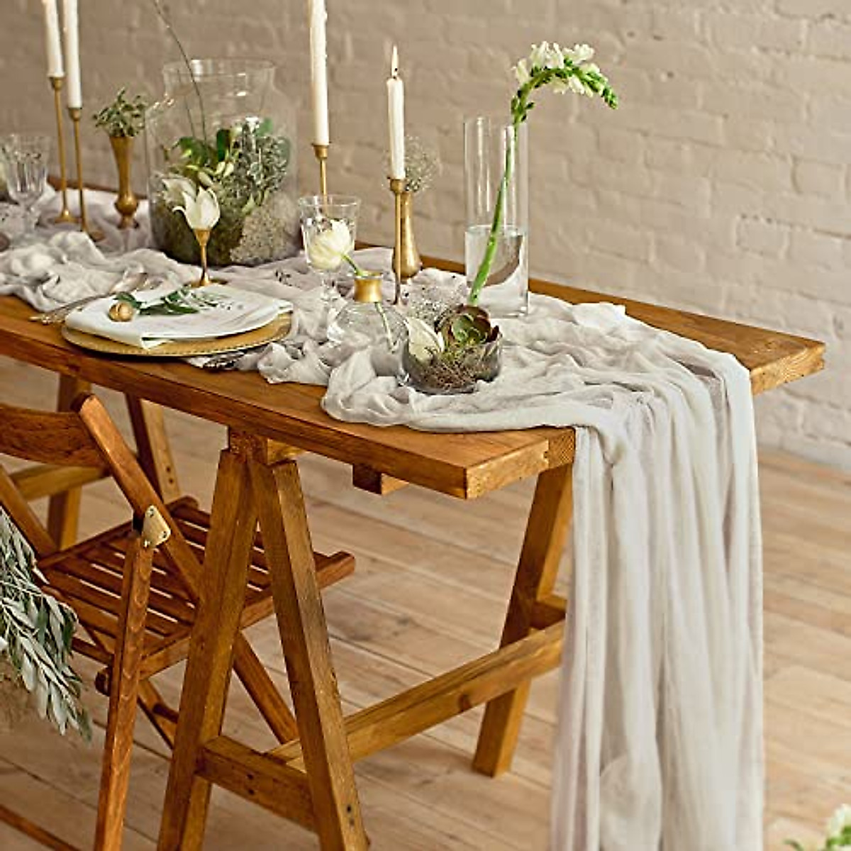 Cheesecloth Table Runner Wedding Table Runner Vintage Gauze Table Runner Boho Tablecloth, 35 x 120 Inch (Beige, 12 Pcs)