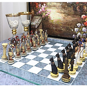Ebros Gift Historical Themed Chess Set Egyptian Ptolemaic Pharaoh Army VS Augustus Caesar Roman Empire Centurions Resin Sculpted Chess Pieces with Checker Frosted Glass Board Gaming Set