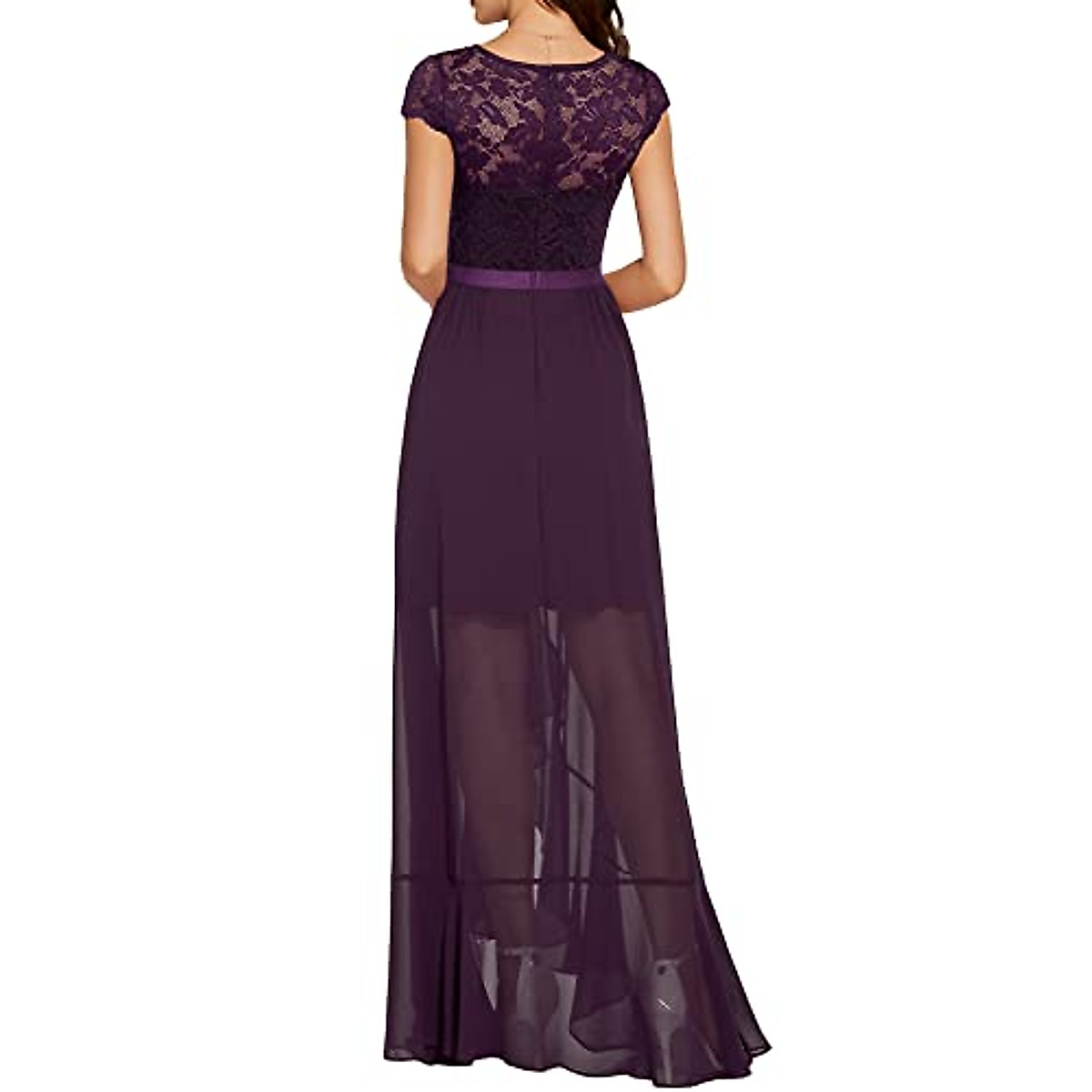 Daisyaner Women's V Neck Formal Floral Lace Bridesmaid Maxi Dress Evening Party Elegant Dresses Evening Prom Dress Grape S
