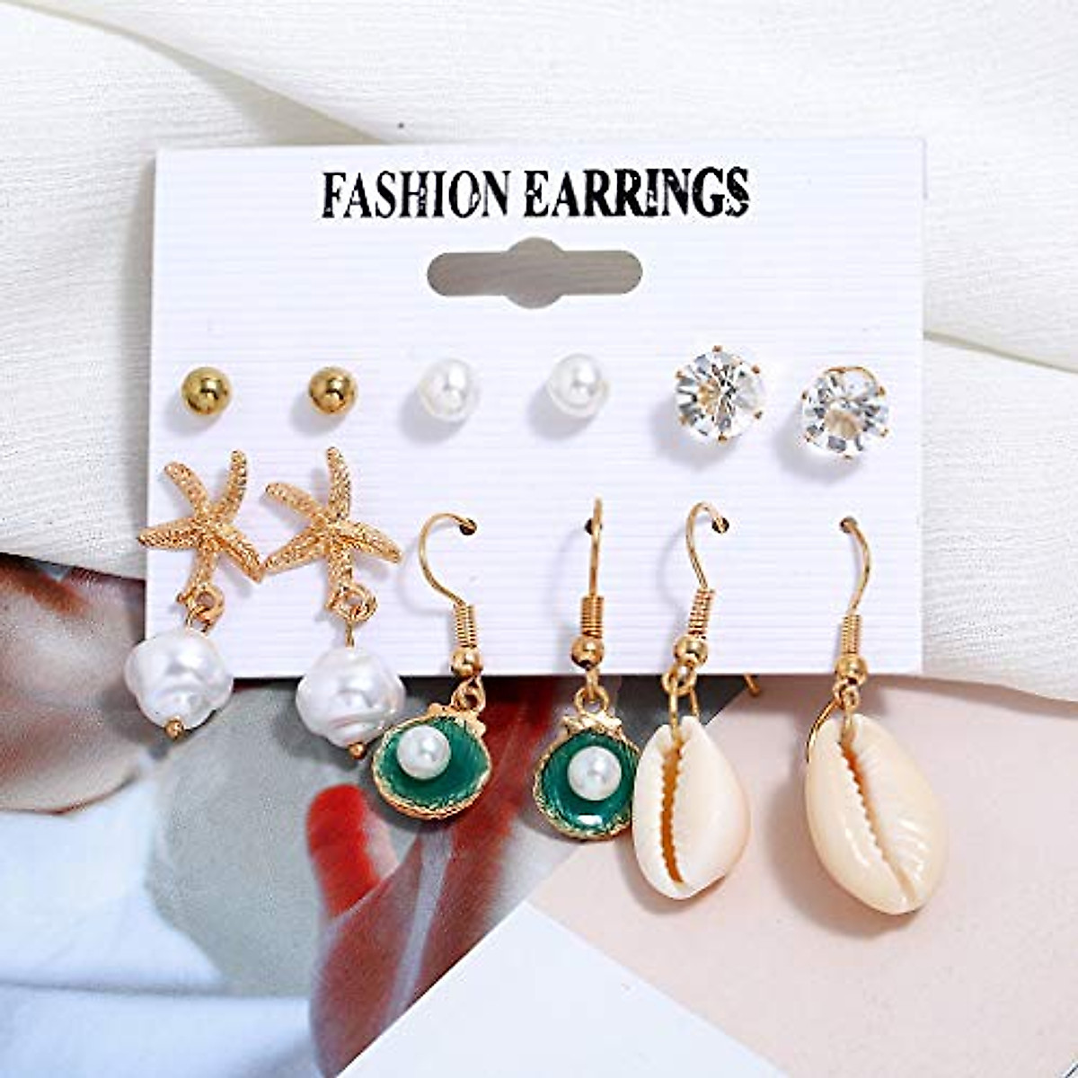 2023 New Women Vintage Originality Beach Clam Peal Earrings Suit Valentine Beaded Earrings (White, Free)