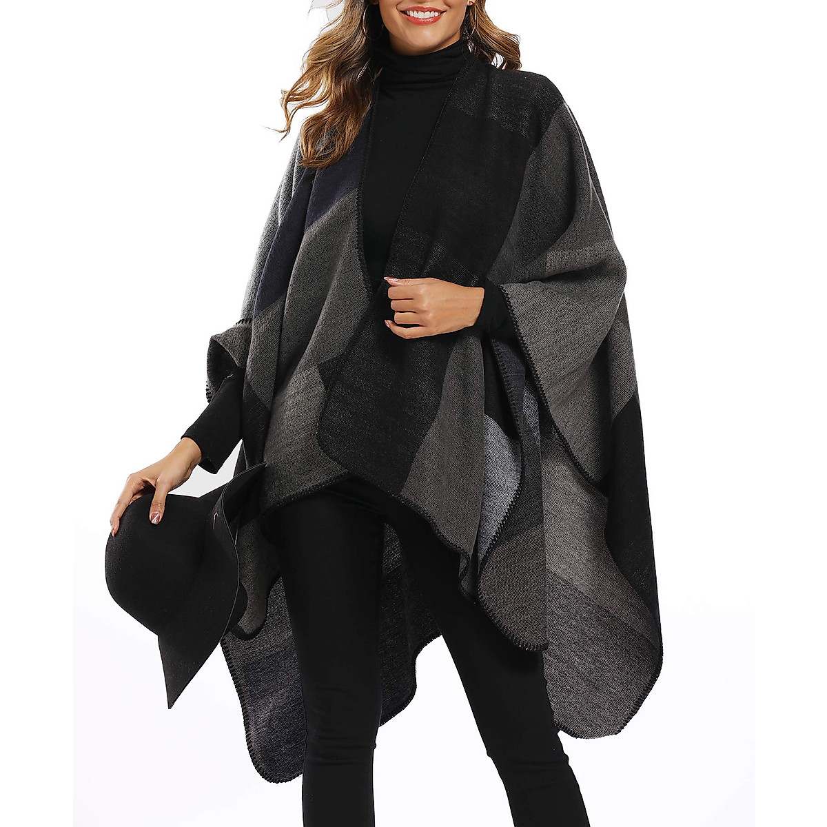 Epsion Women's Color Block Shawl Wrap Plus Size Cardigan Poncho Cape Open Front Long Winter Sweater Coat Black