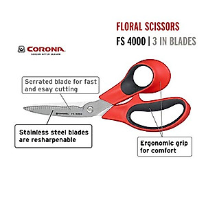 Corona Stainless Steel Floral Scissors, 3 Inch Blade, FS 4000, Red