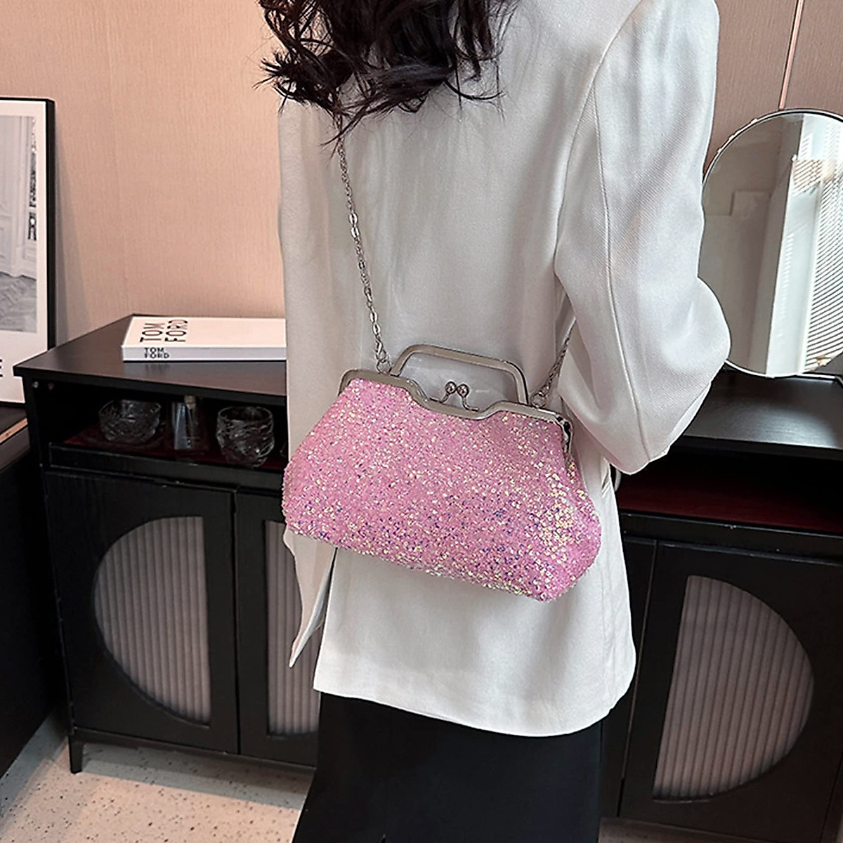 Mermaid Sequins Clutch Crossbody Shell Bag Evening Banquet Handbag Party Prom Wedding Purse, Pink