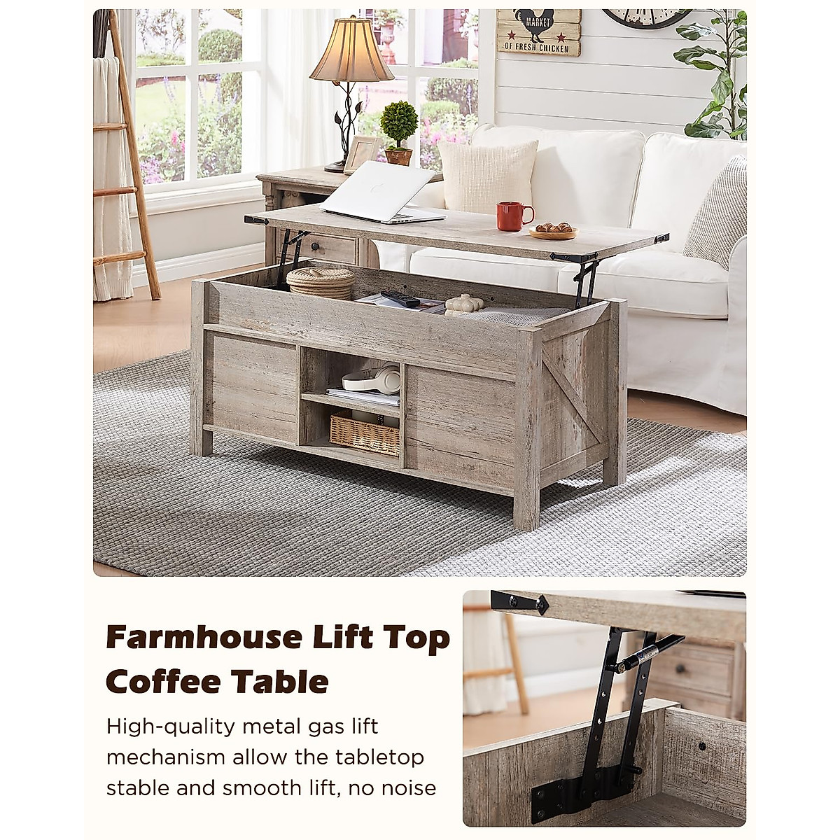 OKD 48" Farmhouse Lift Top Coffee Table with Sliding Barn Door, Rustic Center Table w/Hidden Storage Compartment, Lift Tabletop Dining Table w/Adjustable Shelf for Living Room,Light Rustic Oak