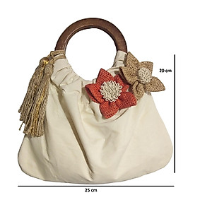 athizay top handle handbags Handcrafted Bow Jute Flower wooden handles potli bags for women artisan hand carry bags (Off white, Orange, Brown)