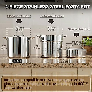 Cooks Standard Pasta Pot 18/10 Stainless Steel 12 Quart, Spaghetti Cooker Steamer Stock Pot Multipots with Strainer Insert, Stainless Steel Lid, 4-Piece Set