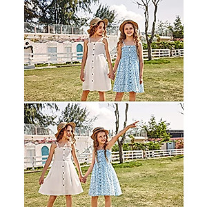 Arshiner Girls Summer Dresses Casual Floral Button Swing Midi Dress Light Blue Floral Litter Girls