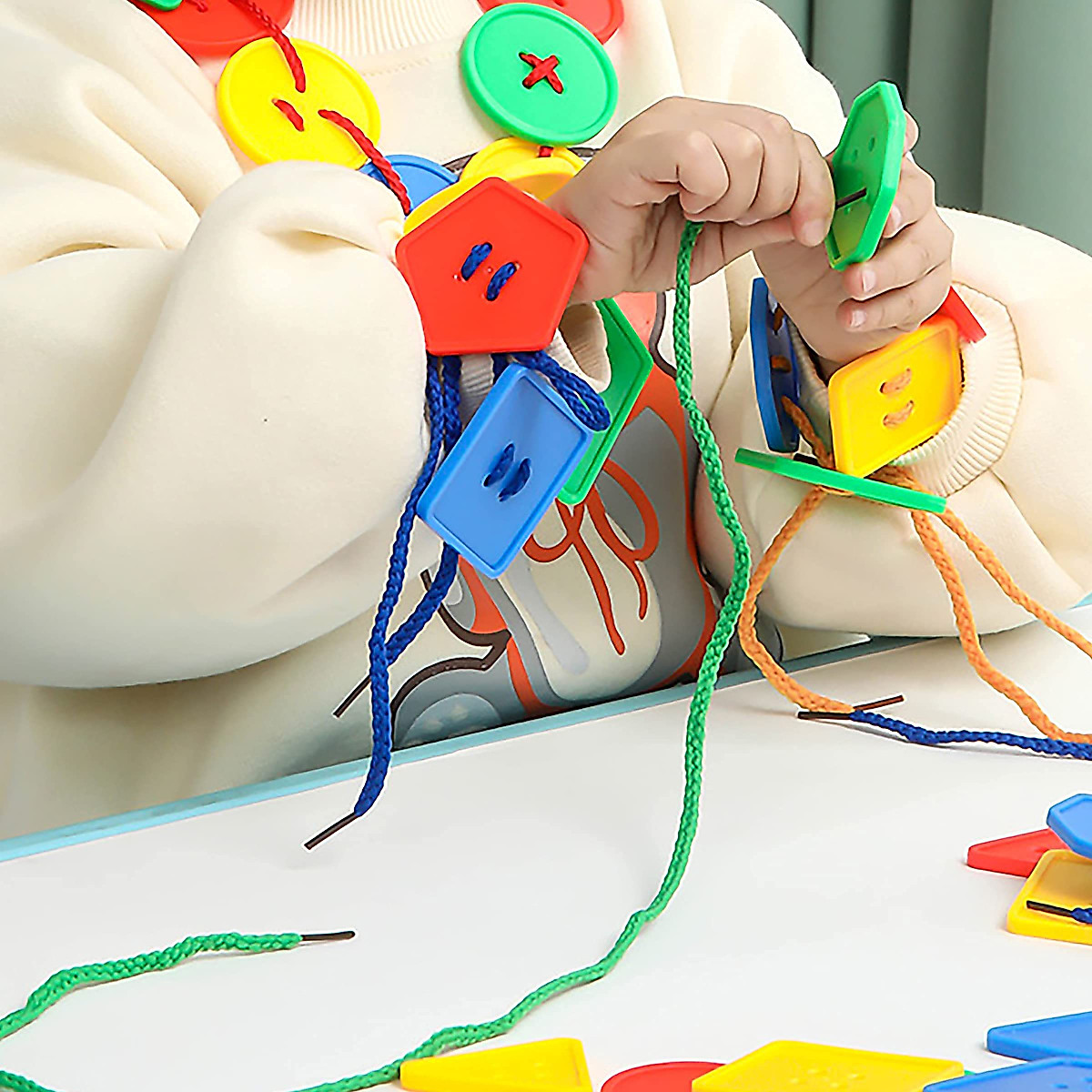 70 Pcs Montessori Lacing Threading Toy - Geometric Shaped Large Beads for Kids Crafts, Preschool Activities and Daycare Toys - Autism Learning Materials and Fine Motor Skills Toys for 3 4 5 6 Year Old