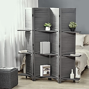 HOMCOM 4 Panel 67" Tall Wood Privacy Screen Room Divider with 3 Display Shelves, and Folding Storage for Bedroom or Home Office, Grey
