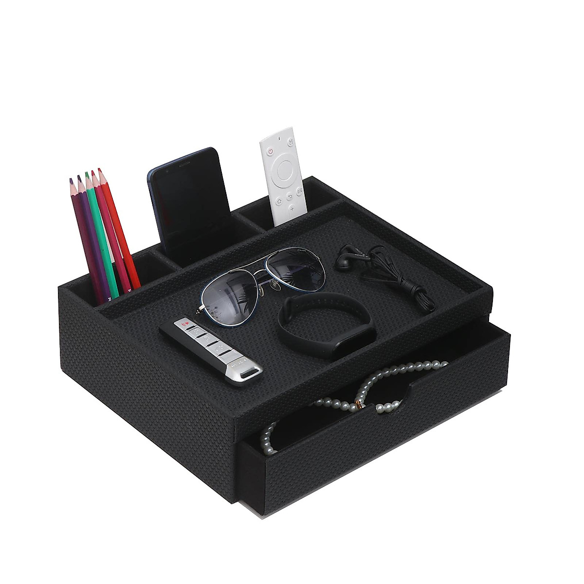 SYRWDXTX Leather Desk Organizer With Drawers, Home Cosmetics Organizer, Phone Remote Organizer, Drawer Plus Divider & Tray (black)