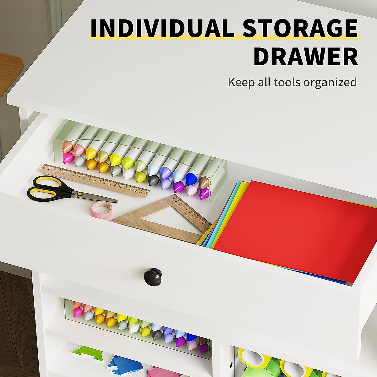 Pipleo Rolling Craft Cart for Cricut Machines, Craft Organizer and Storage Table with Vinyl Roll Holder, Built-in Outlet and Drawer, Crafting Cabinet Workstation Tools Holder for Craft Room