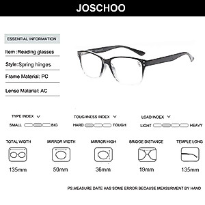 JOSCHOO Reading Glasses 5-Pack Quality Readers Spring Hinge Prime Black Designer Trendy for Men and Women