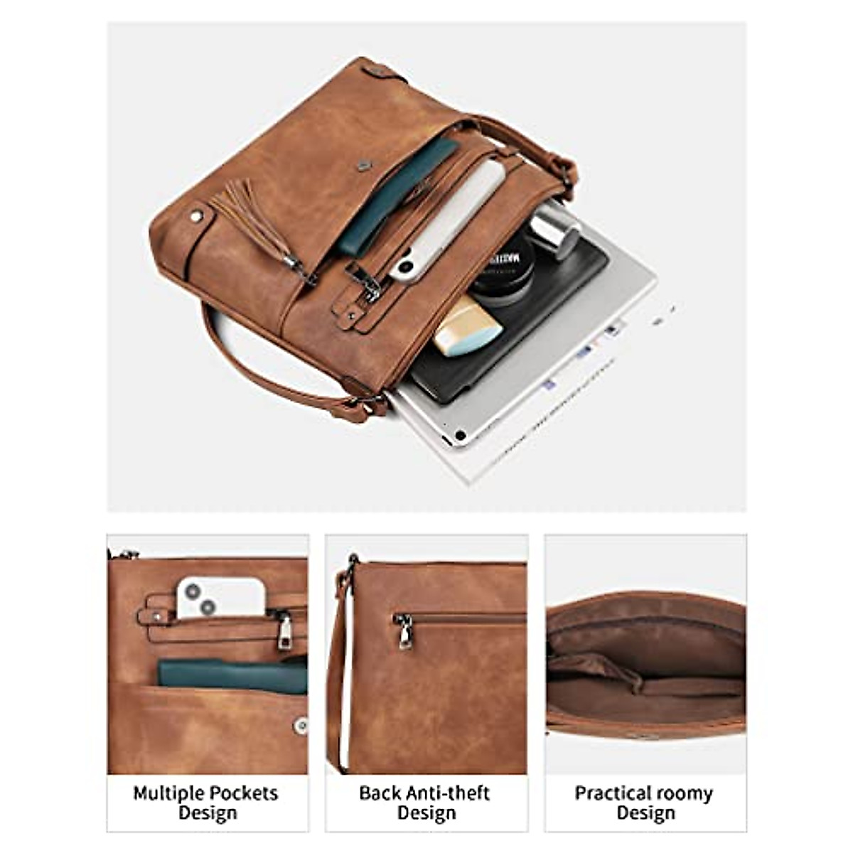 FADEON Large Crossbody Bags for Women Crossbody Purses Ladies Designer lightweight PU Leather Shoulder Bag with Tassel