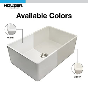 Houzer Platus Fireclay Series Farmhouse Sink - 30 Inch Undermount Apron Front Farm Sink with Single Bowl for Kitchen, Durable, Chip and Crack Resistent, Essential for Home or Apartment - PTS-4100 WH