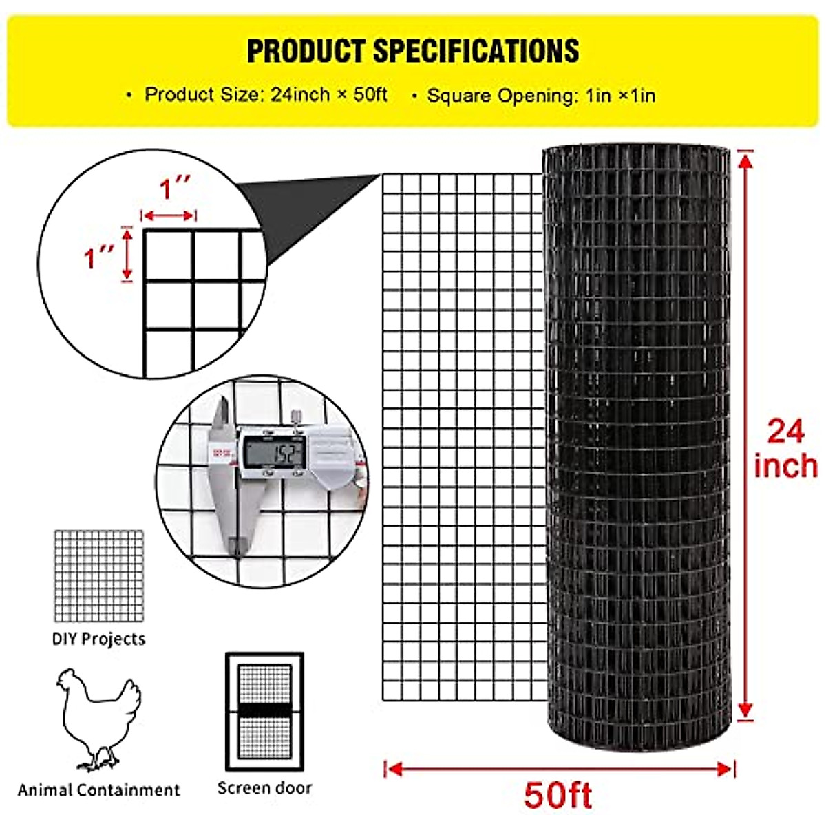 24'' x 50' 1inch Hardware Cloth 16 Gauge Black Vinyl Coated Welded Fence Mesh for Home and Garden Fence and Home Improvement Project (24'' x 50')