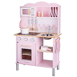 New Classic Toys Wooden Pretend Toy Kitchen for Kids Role Play Included Accessoires Pink Colored - Makes Sound