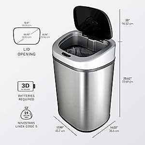 NINESTARS Automatic Touchless Infrared Motion Sensor Trash Can with Stainless Steel Base & Oval, Silver/Black Lid, 21 Gal