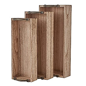 3pcs Burnt Narrow Wooden Serving Trays(13.8"/15.2"/16.5") with Decorative Antique Metal Handles - Sink Vanity Trays/Farmhouse Decor Rectangular Tray for Coffee Table/Bed Food,Breakfast,Dessert,Tea