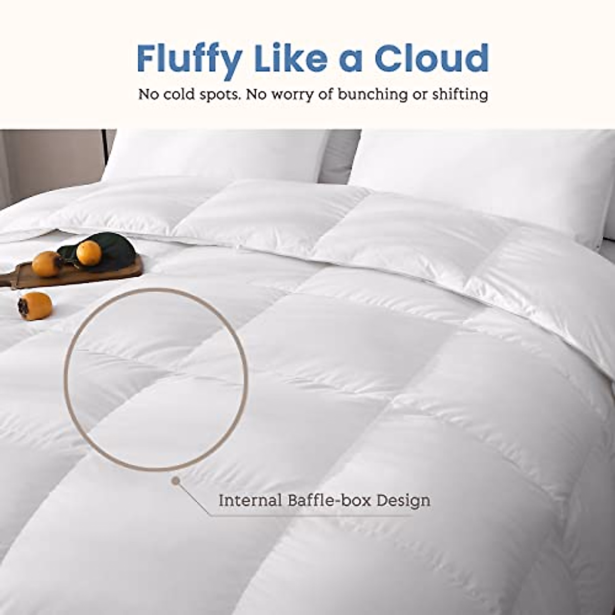 Hotel Collection Feathers & Down Comforter | Full/Queen Bed All Season Duvet Insert | 750 Fill Power Ultra-Soft 500TC Egyptian Cotton-Blend Quilted with Tabs (90x90, Solid White)