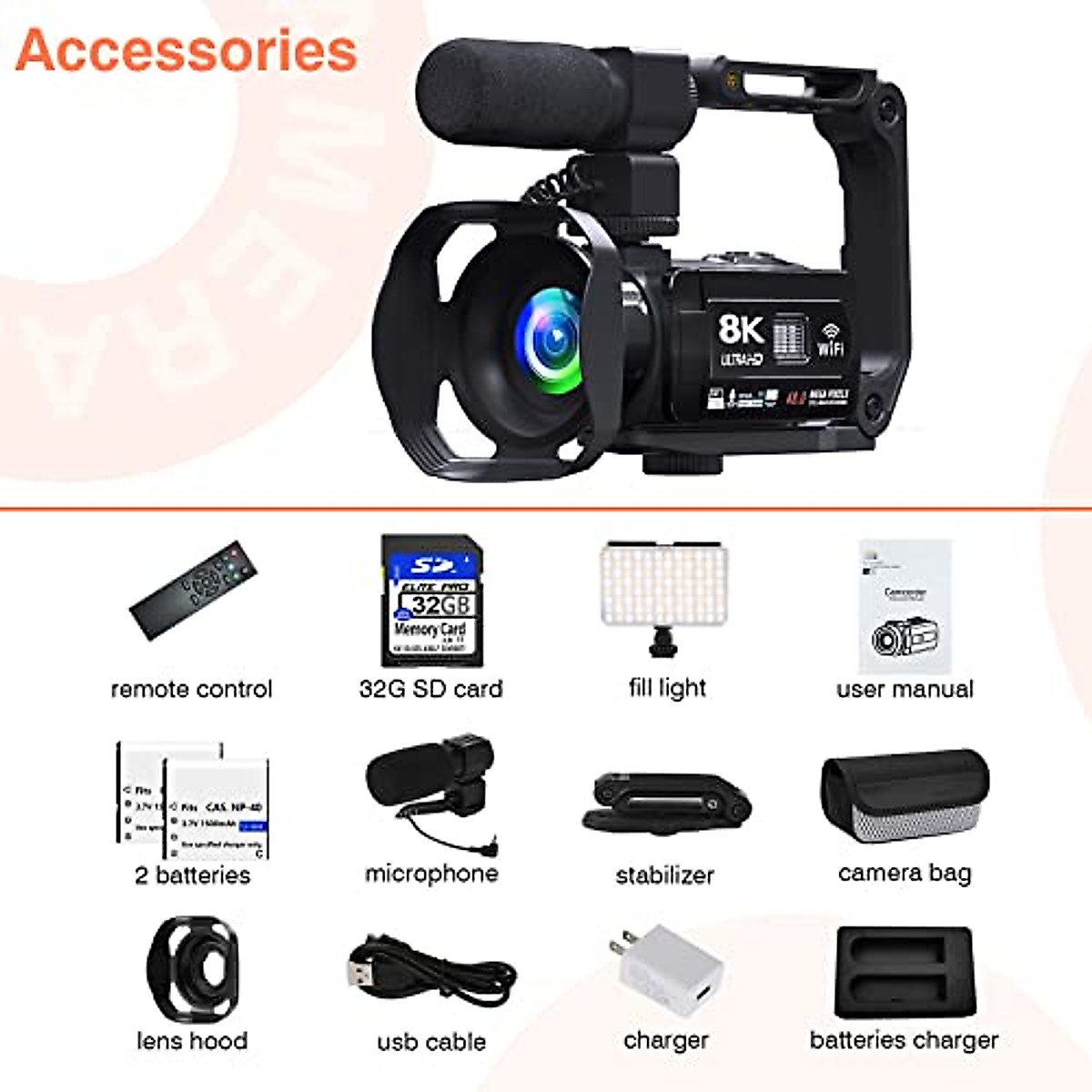 VETEK Video Camera 8k Camcorder 48MP UHD WiFi IR Night Vision Vlogging Camera for YouTube, 18X Digital Zoom 3.0“ LCD Screen Digital Camera with Microphone, 32G SD Card, Remote Control and 2 Batteries