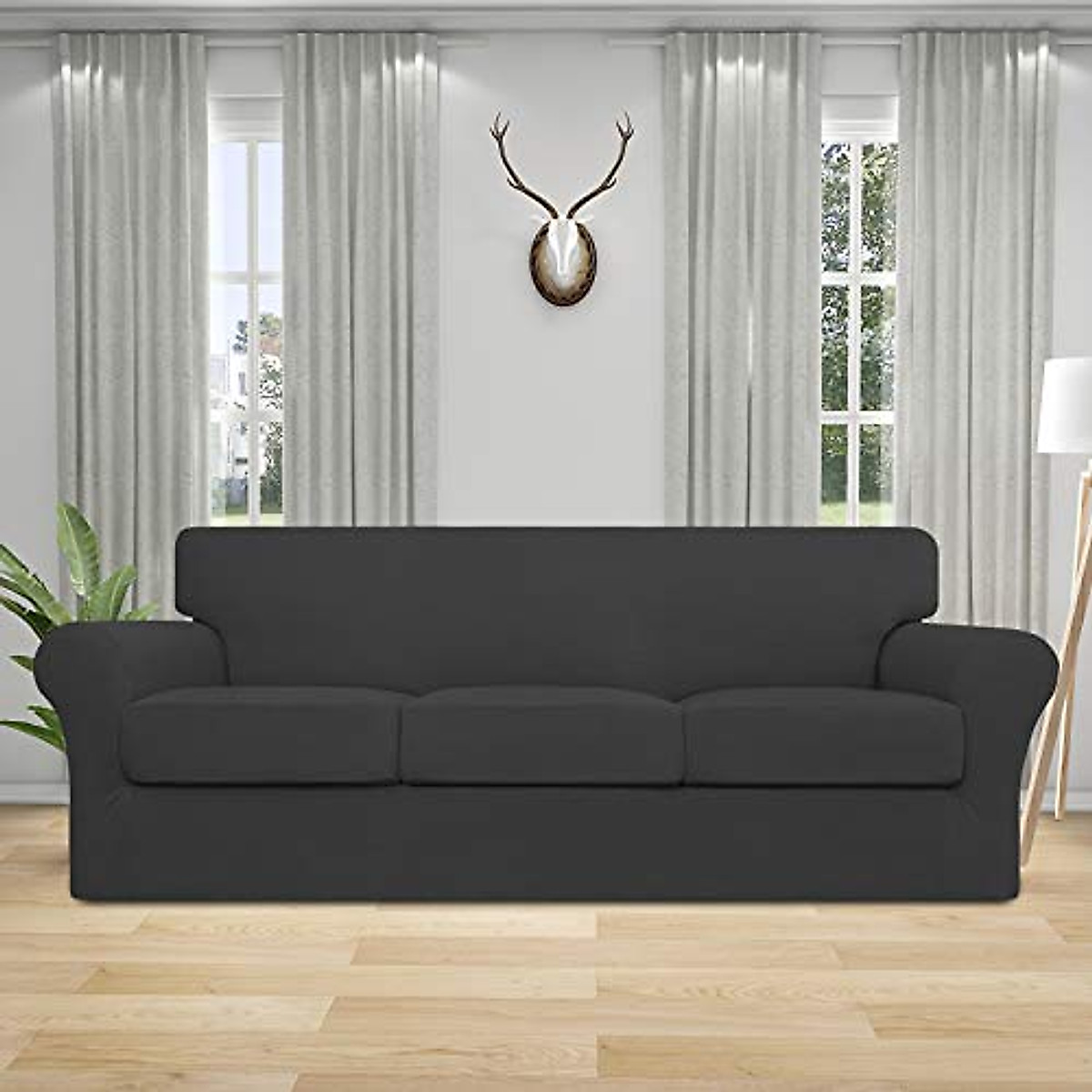 Easy-Going Couch Cover, Stretch Sofa Cover with 3 Cushion Covers, Washable Spandex Jacquard Fabric, Elastic Furniture Protector for Pets, Kid (Large, Dark Gray)