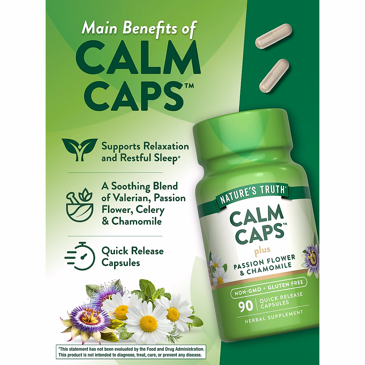 Nature's Truth Calm Caps | 90 Capsules | with Passion Flower and Chamomile | Non-GMO, Gluten Free Supplement