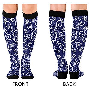 Kigai 1 Pair Blue Mexican Talavera Compression Socks 20-30mmHg Knee High Women Socks Tube Athletic Stockings for Men Sport Soccer Running Cycling Medical Nurse Winter Travel