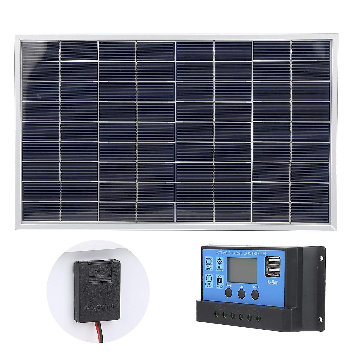 Solar Panel, 15W 18V Polycrystalline Solar Panel 12V/24V PWM Solar Controller 2pcs LED Bulb for Car RVs Ship Battery Charger(10A)