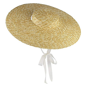 Jelord Women Vintage Boater Straw Hat Wide Brim Flat Top Floppy Derby Straw Hat Beach Sun Hats with Chin Strap Brim:18cm White