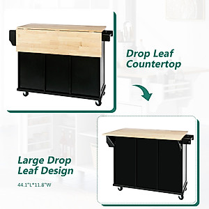 LUMISOL Kitchen Island on 5 Wheels with Wood Drop Leaf, Storage Cabinets and 3 Drawers, Rolling Kitchen Island Cart with Open Storage Shelves, Black