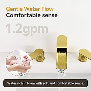 Phiestina Brushed Gold Bathroom Sink Faucet, Waterfall Widespread 3 Hole 8 Inch Brass Bathroom Faucet, with Metal Pop Up Drain and Water Supply Line, NS-WF005-BG